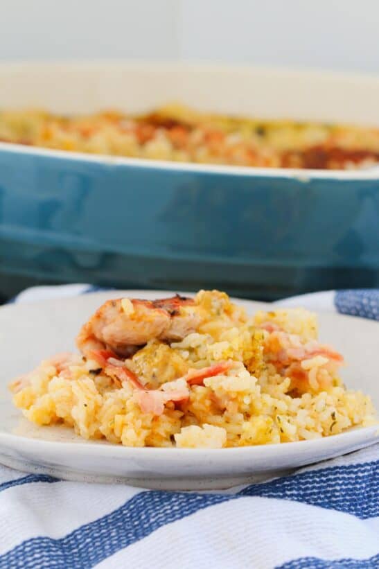 Creamy Oven Baked Chicken And Rice With Bacon - Bake Play Smile