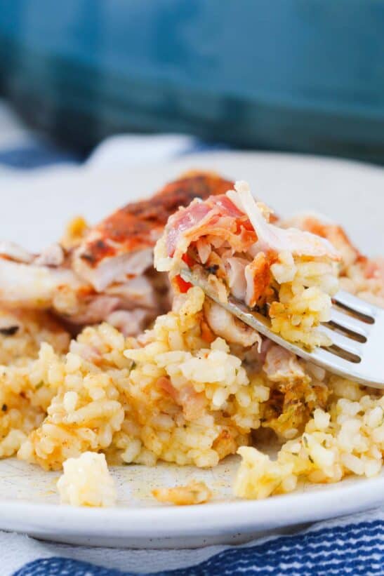 Creamy Oven Baked Chicken And Rice With Bacon - Bake Play Smile