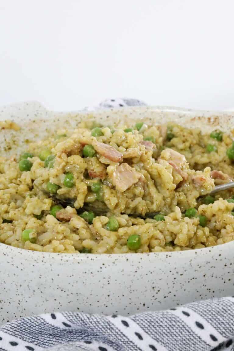Oven Baked Bacon Pea & Pesto Risotto - Bake Play Smile