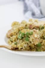 Oven Baked Bacon Pea & Pesto Risotto - Bake Play Smile