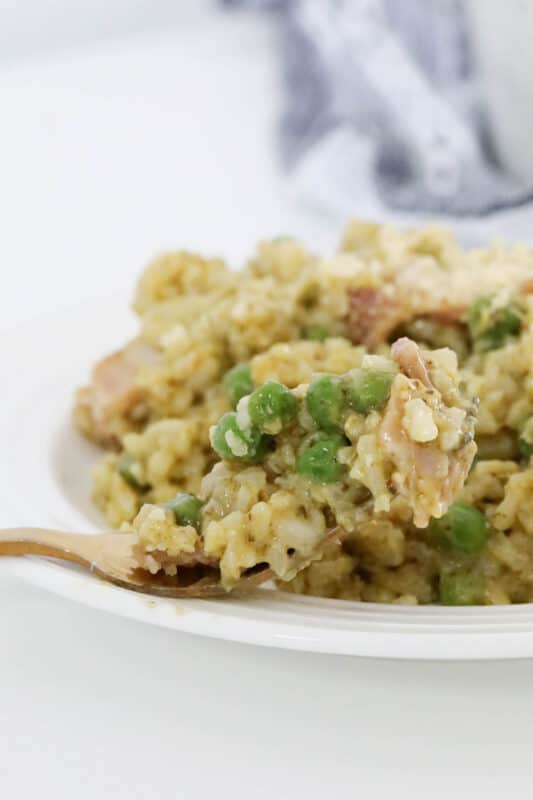 Oven Baked Bacon Pea & Pesto Risotto - Bake Play Smile