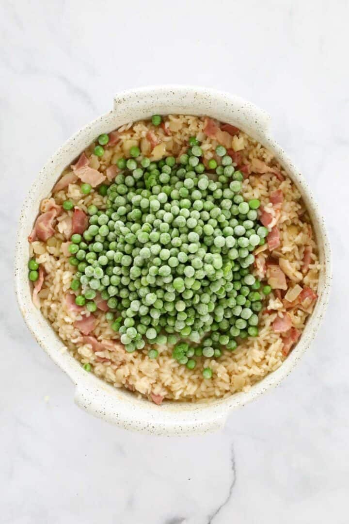 Oven Baked Bacon Pea & Pesto Risotto - Bake Play Smile