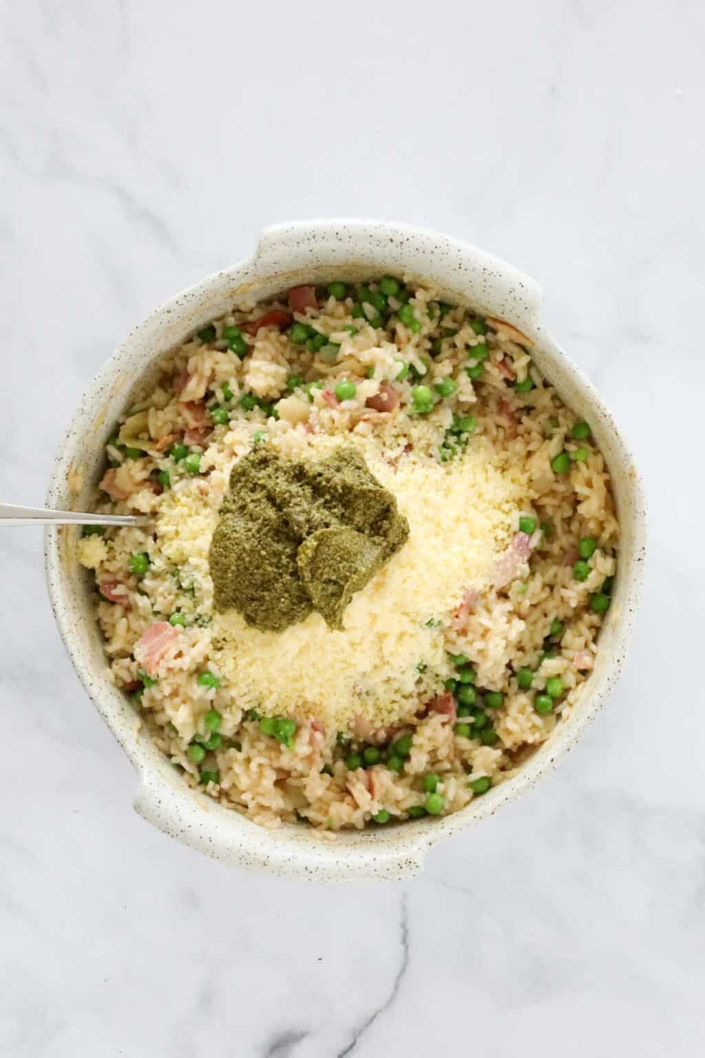 Oven Baked Bacon Pea & Pesto Risotto - Bake Play Smile
