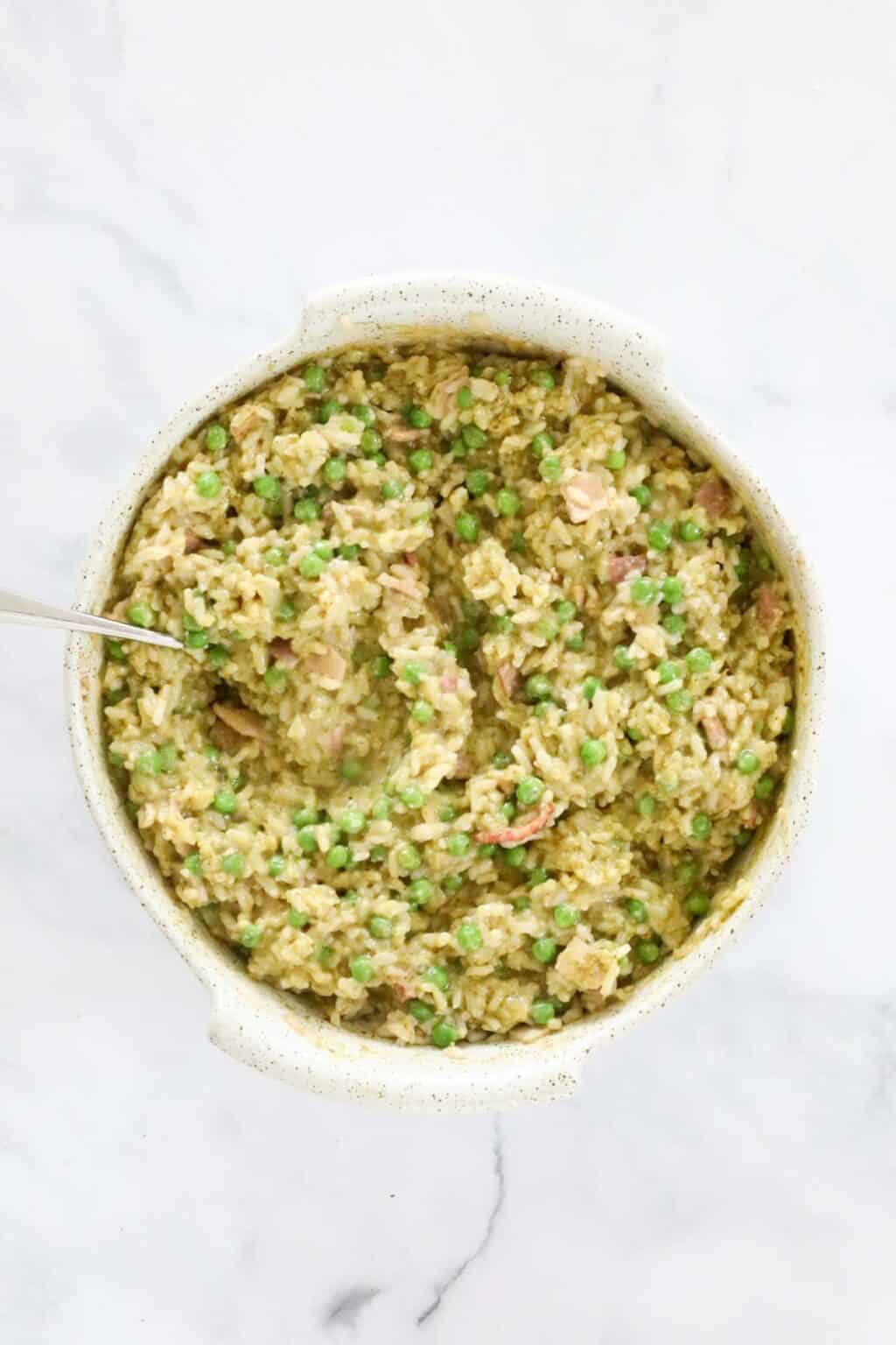 Oven Baked Bacon Pea & Pesto Risotto - Bake Play Smile