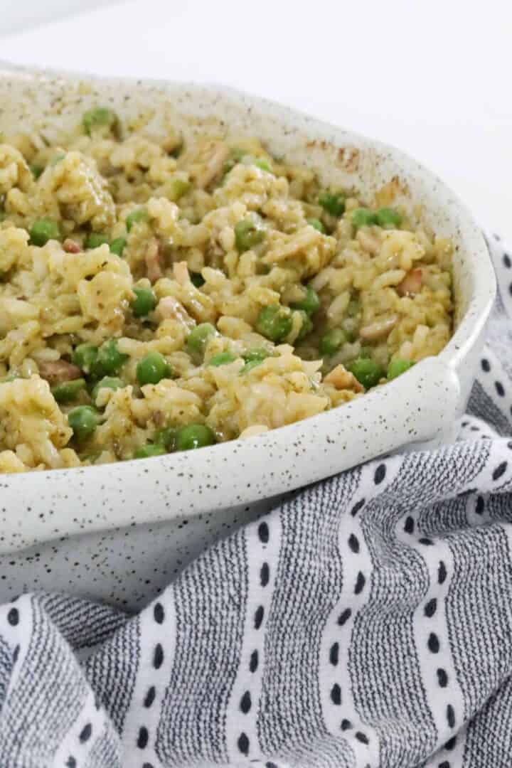 Oven Baked Bacon Pea & Pesto Risotto - Bake Play Smile
