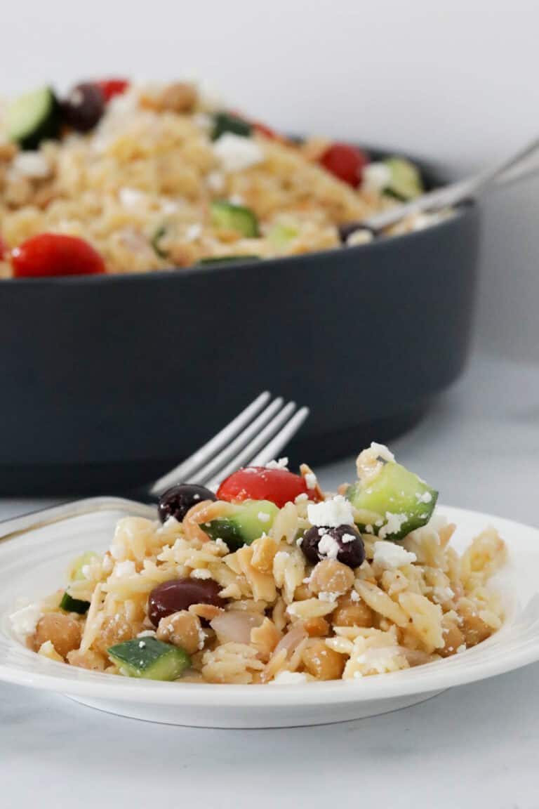 Greek-Style Risoni Salad with Lemon, Feta & Olives - Bake Play Smile